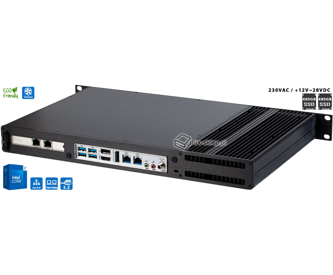 Komputer przemysłowy 1U Core i7-13700T 3,60GHz 32GB DDR4 4xLAN Delta-Silent6-i7-2xSSD480-RAID ...